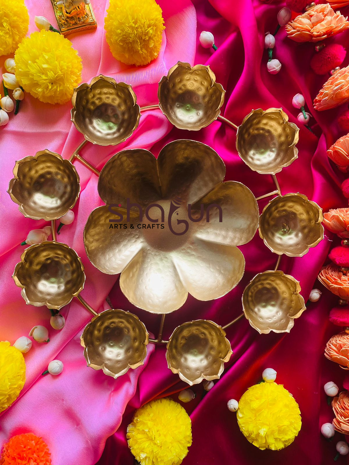 Metal Diya And Flower Platter - Shagun Arts and Crafts